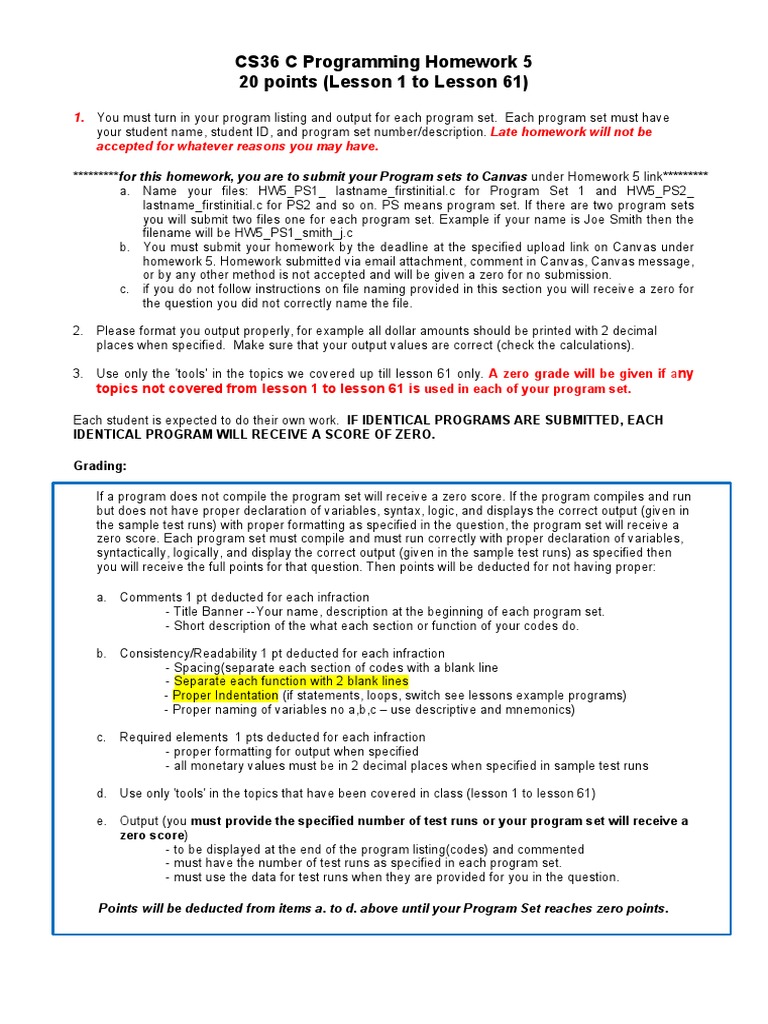 CS36 C Programming Homework 5 20 Points (Lesson 1 To Lesson 61) | PDF | Compiler | Computer ...