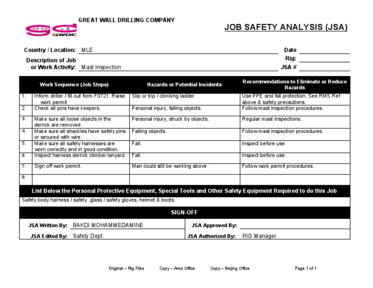 Job Safety Analysis (Jsa) : Mast Inspection | PDF | Personal Protective ...