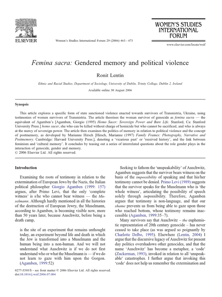 Femina Sacra: Gendered Memory and Political Violence: Ronit Lentin ...