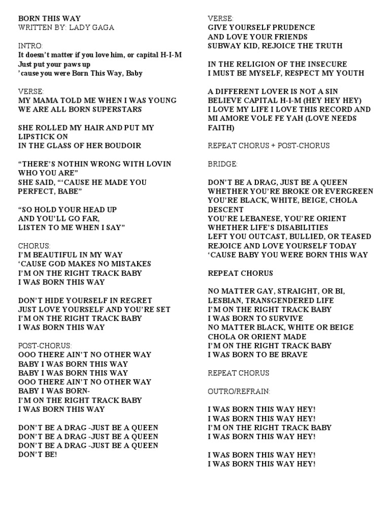Born This Way Lyrics by Lady Gaga | PDF | Song Structure | Songs