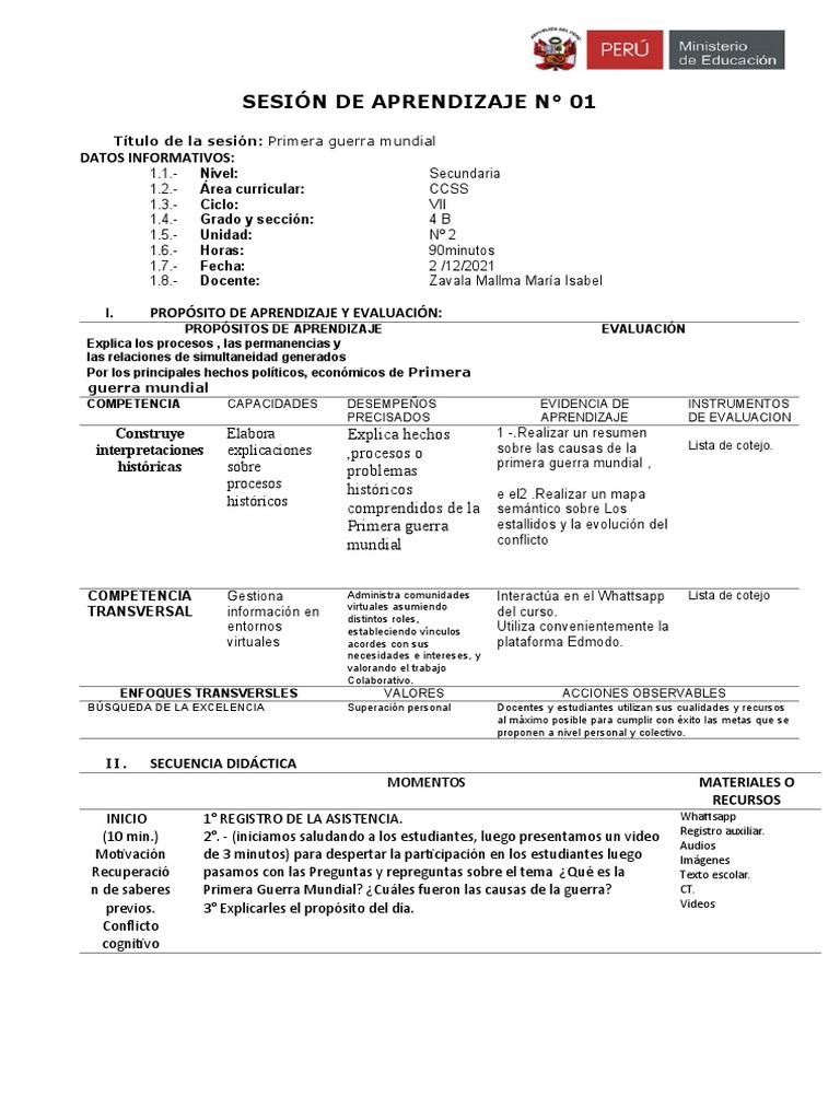 Sesion de Aprendizaje Ccss... 02 | PDF | Evaluación | Aprendizaje