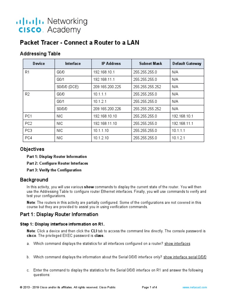 10.3.4 Packet Tracer - Connect A Router To A LAN | PDF | Router ...