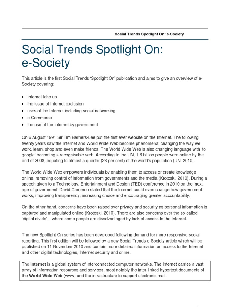 Social Trends Spotlight On e Society | PDF | Social Networking Service ...