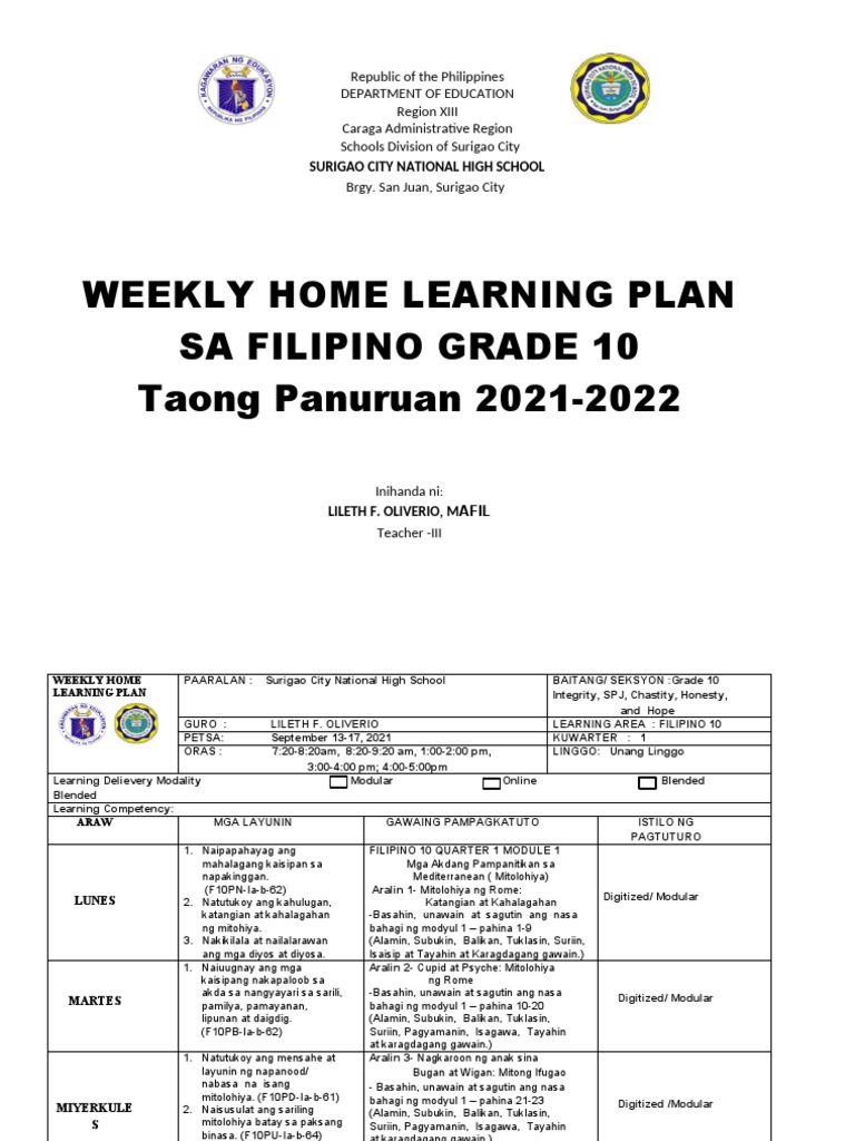 2021 Weekly Home Learning Plan Filipino 10 | PDF