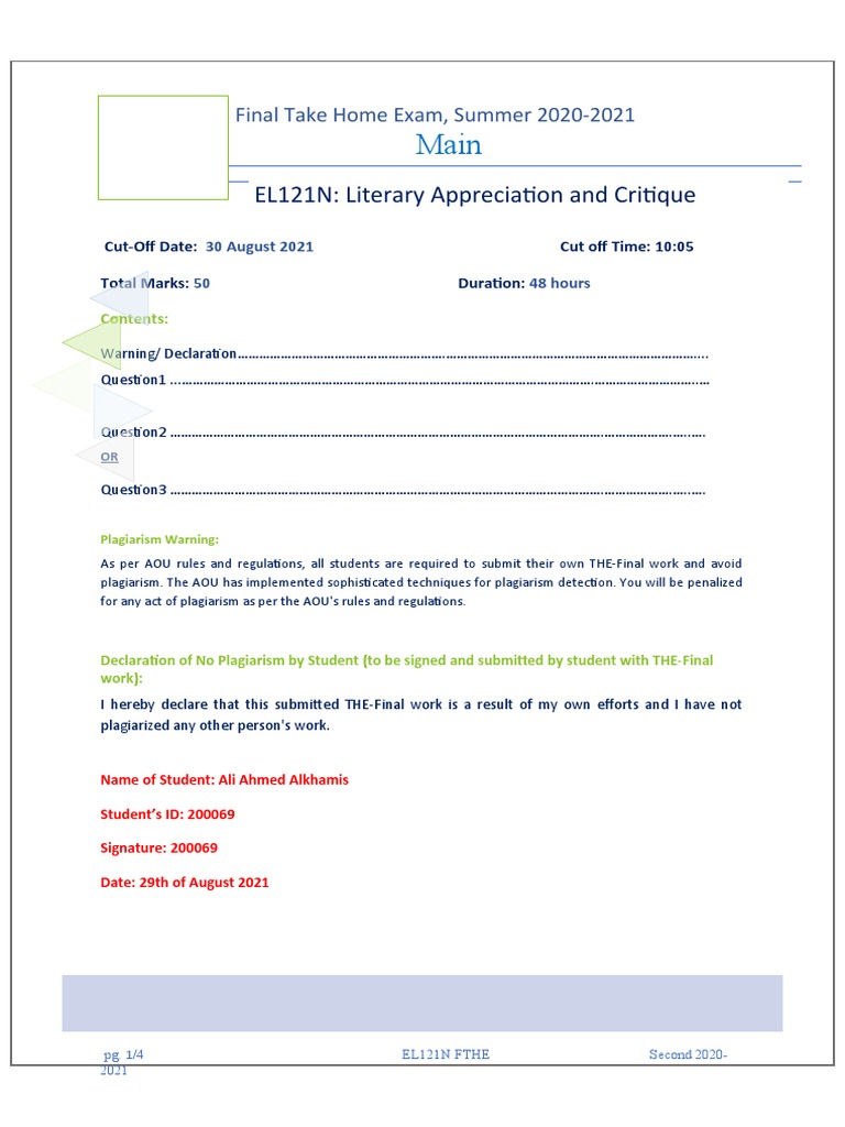 Ali Ahmad AlKhamis - 200069 - EL121 FTHE Summer 2021 | PDF