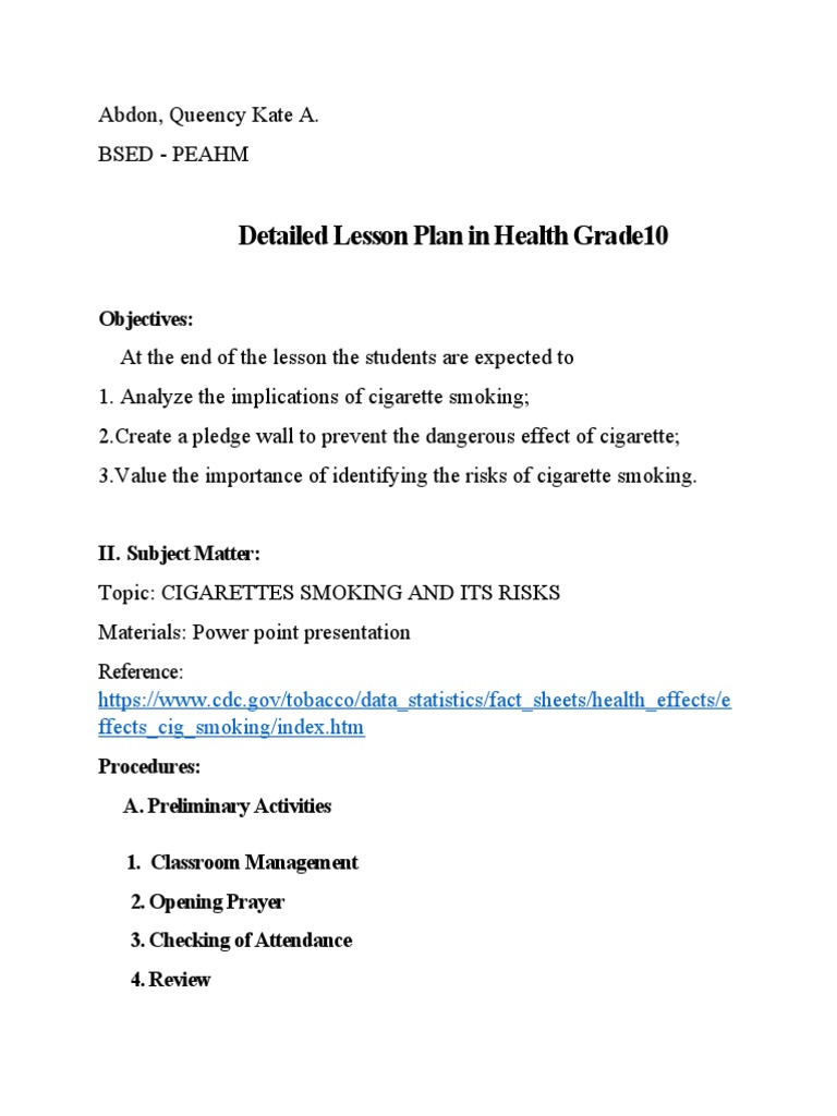Abdon - Detailed Lesson Plan | Download Free PDF | Addiction | Tobacco ...