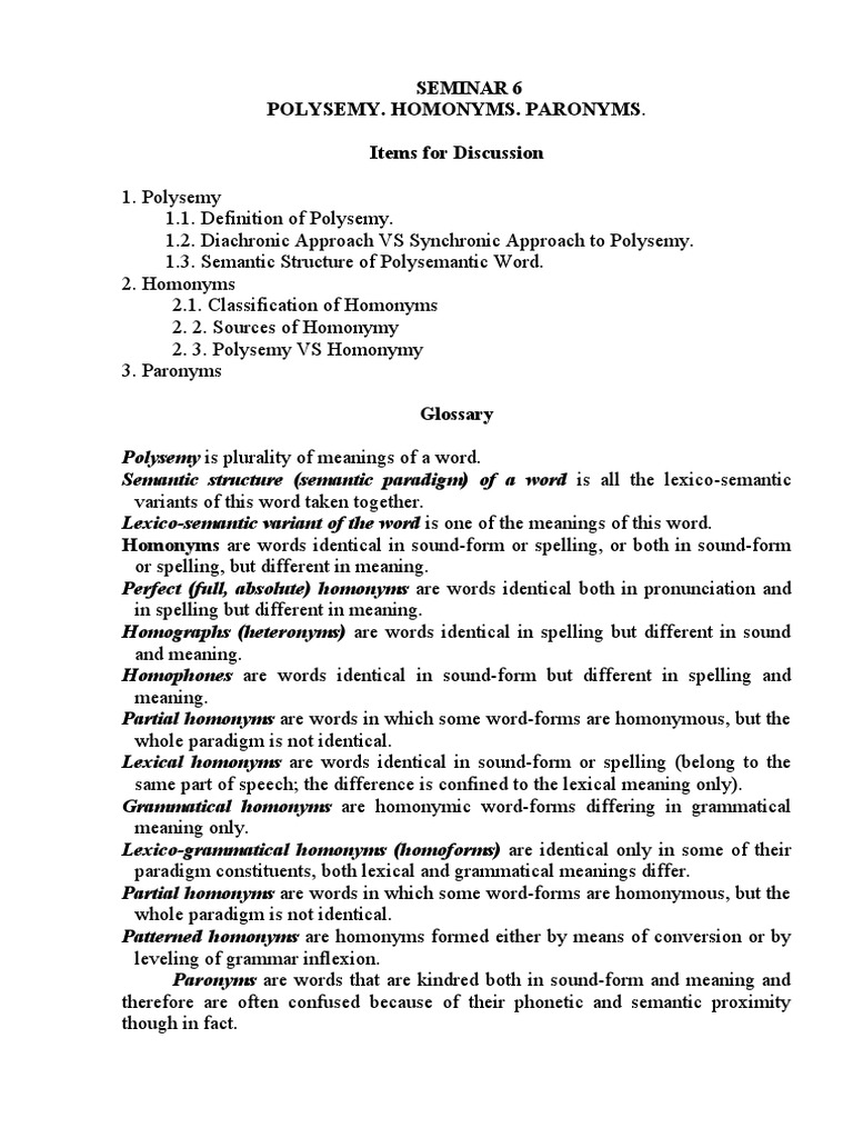 Seminar 6 Polysemy. Homonyms. Paronyms. Items For Discussion | PDF ...