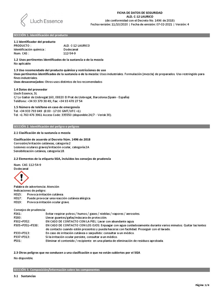 Ficha de seguridad para dodecanal | PDF | Agua | Toxicidad