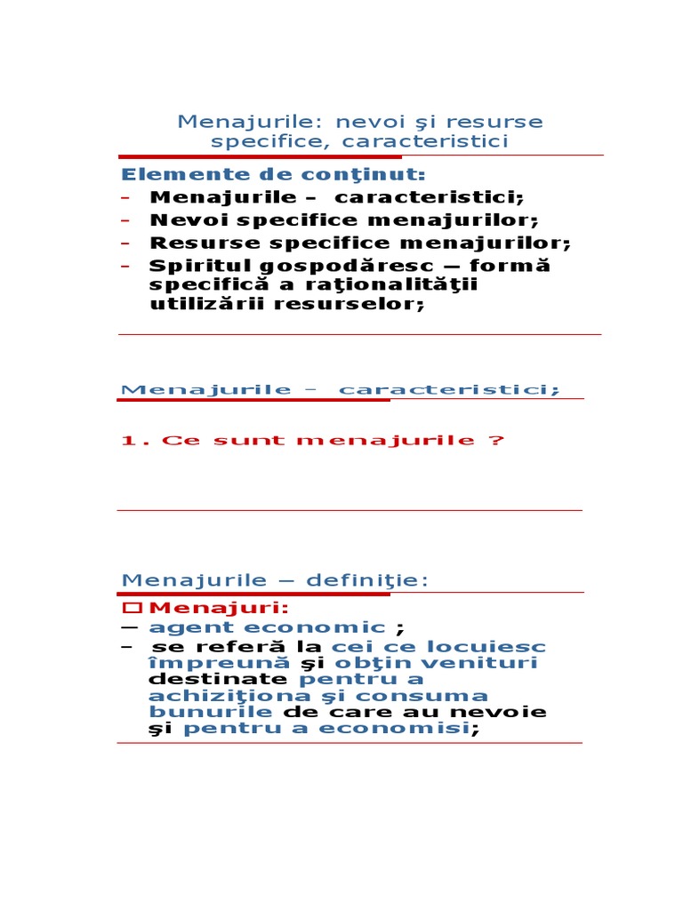 Tema 1. Menajurile - Nevoi Si Resurse Specifice, Caracteristici | PDF