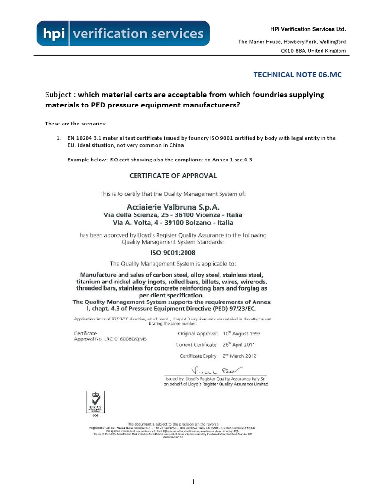 Technical Note 06.MC - Material Certificates From Foundries | PDF ...