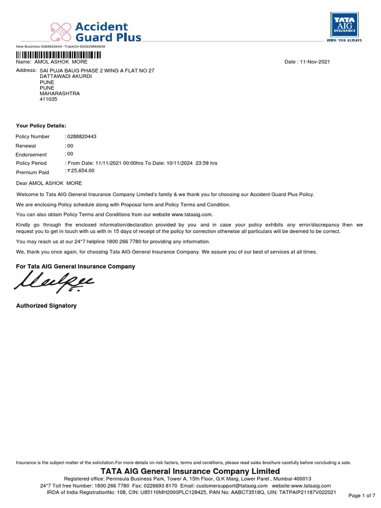 TATA AIG General Insurance Company Limited: Your Policy Details | PDF ...