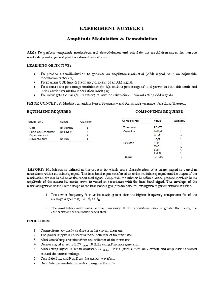 01 Amplitude Modulation and Demodulation | PDF | Modulation | Detector ...