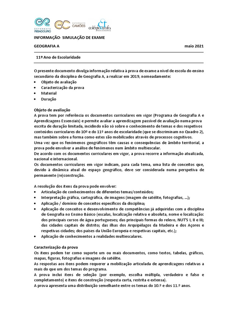Informação Prova Simulação de Exame | PDF | Portugal | Geografia
