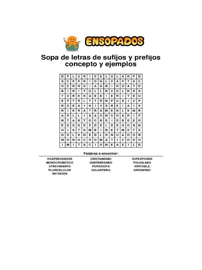 Sopa de Letras Del Prefijos y Sufijos. | PDF
