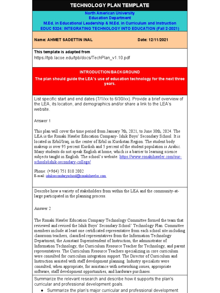 Educ 5324-Technology Plan Template Ahmet Inal | PDF | Curriculum | Schools