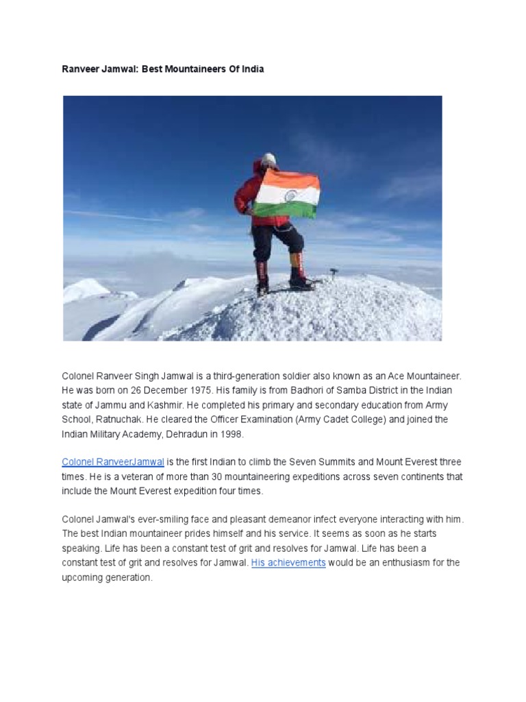 Ranveer Jamwal - Best Mountaineers of India | PDF | History