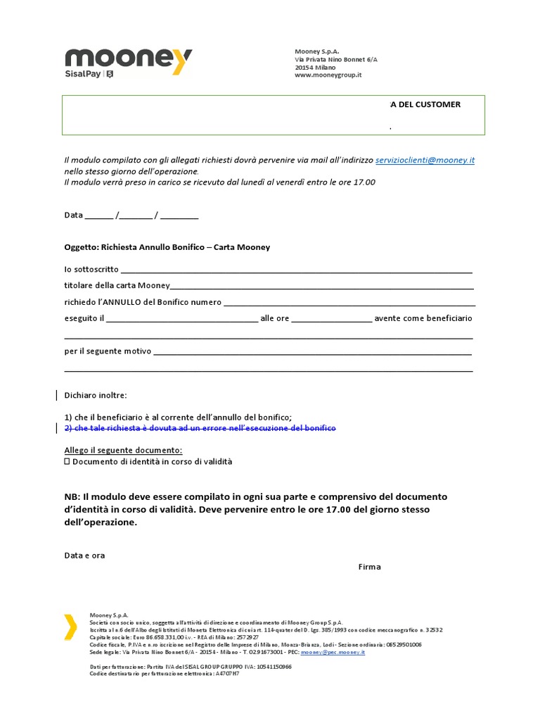 Mooney - Modulo Annullo Bonifico | PDF
