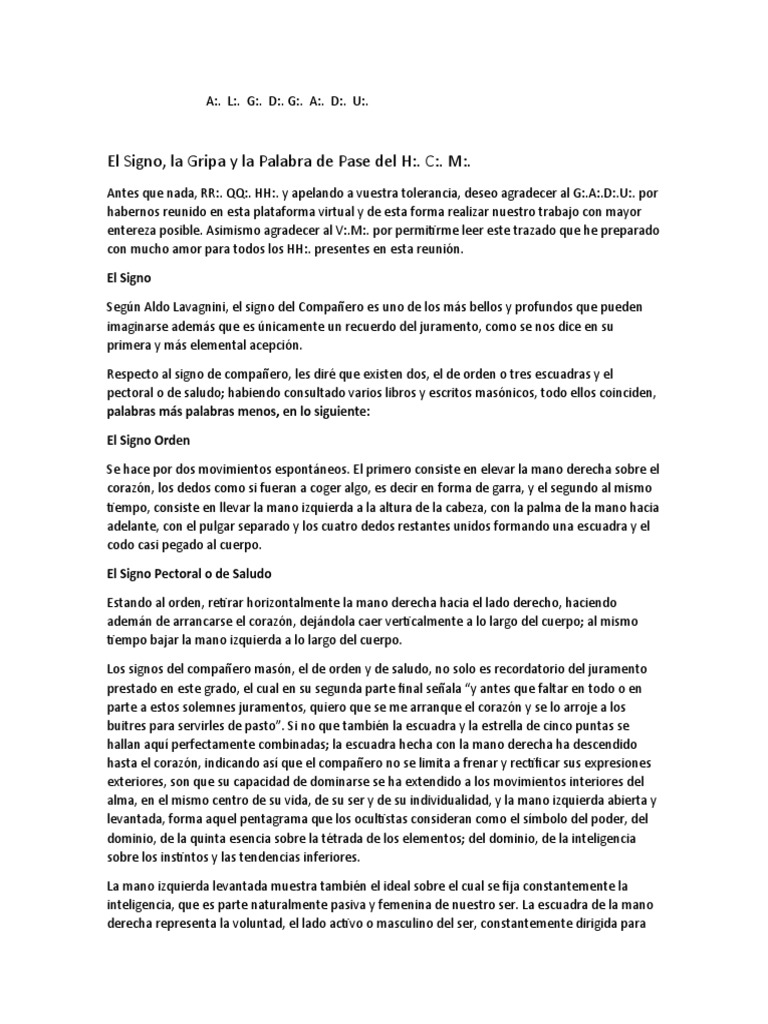Palabra de Pase y Signo Compañero | PDF | Mano | Masonería