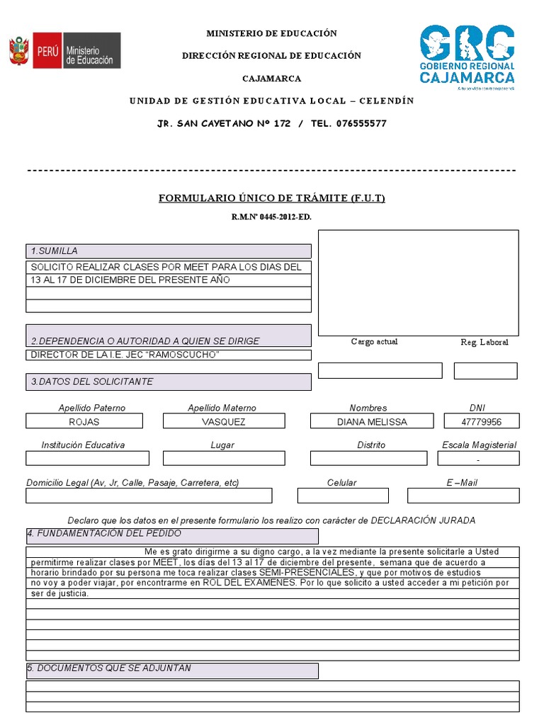 Formulario Único de Trámite (F.U.T) | PDF