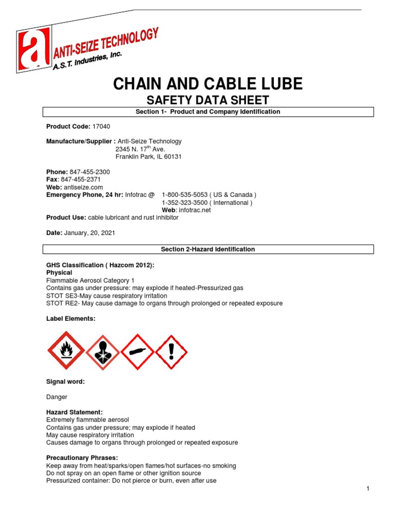 Hoja de Seguridad Lubricante de Cadena y Cables | PDF | Dangerous Goods ...