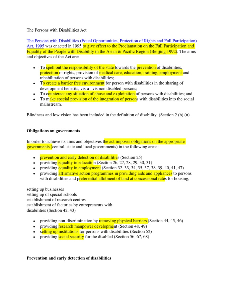 The Persons With Disabilities Act | PDF | Disability | Visual Impairment