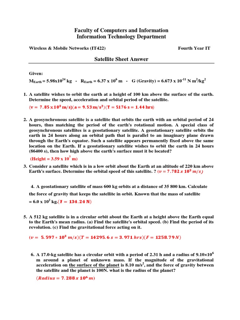 Satellite Sheet FinalAnswer | PDF | Orbit | Satellite