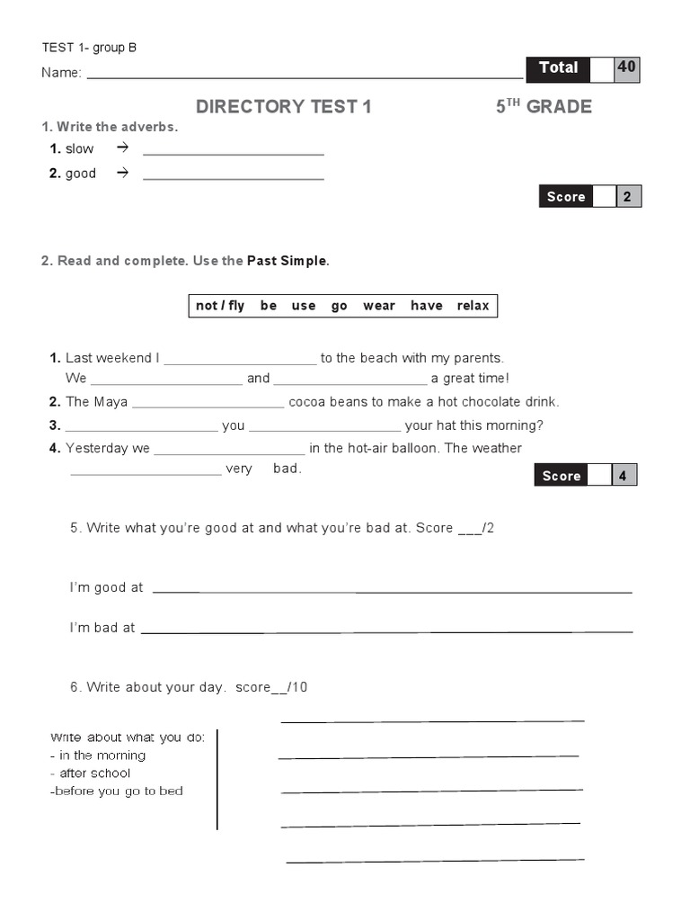Directory Test 1 5 Grade: 1. Slow 2. Good 2 | PDF | Grammar