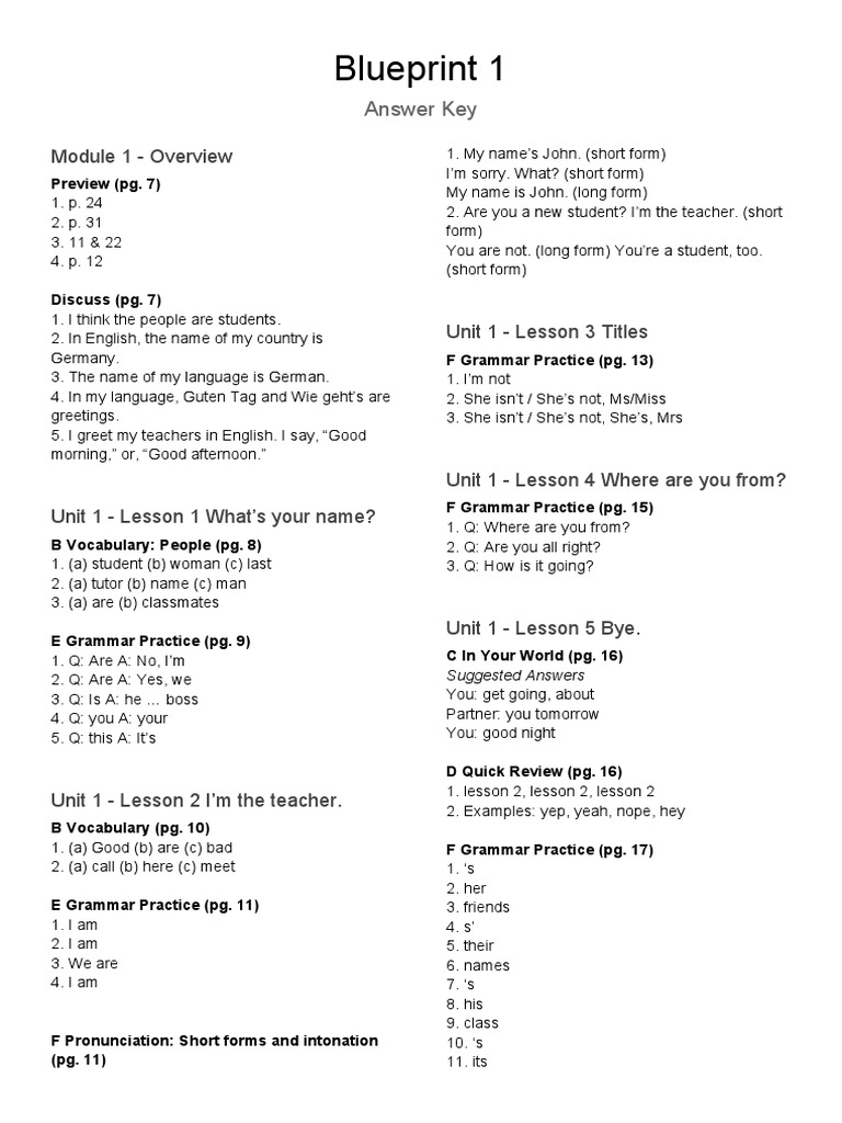 Blueprint 1 Answer Key Overview | PDF