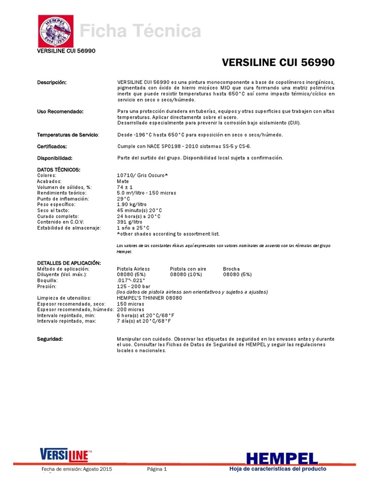 PDS VERSILINE CUI 56990 es-ES | Descargar gratis PDF | Temperatura | Pintar