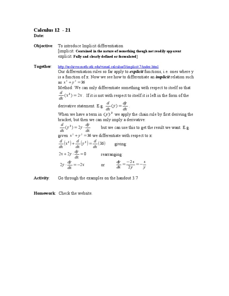 Implicit Differentiation in Calculus 12 | PDF
