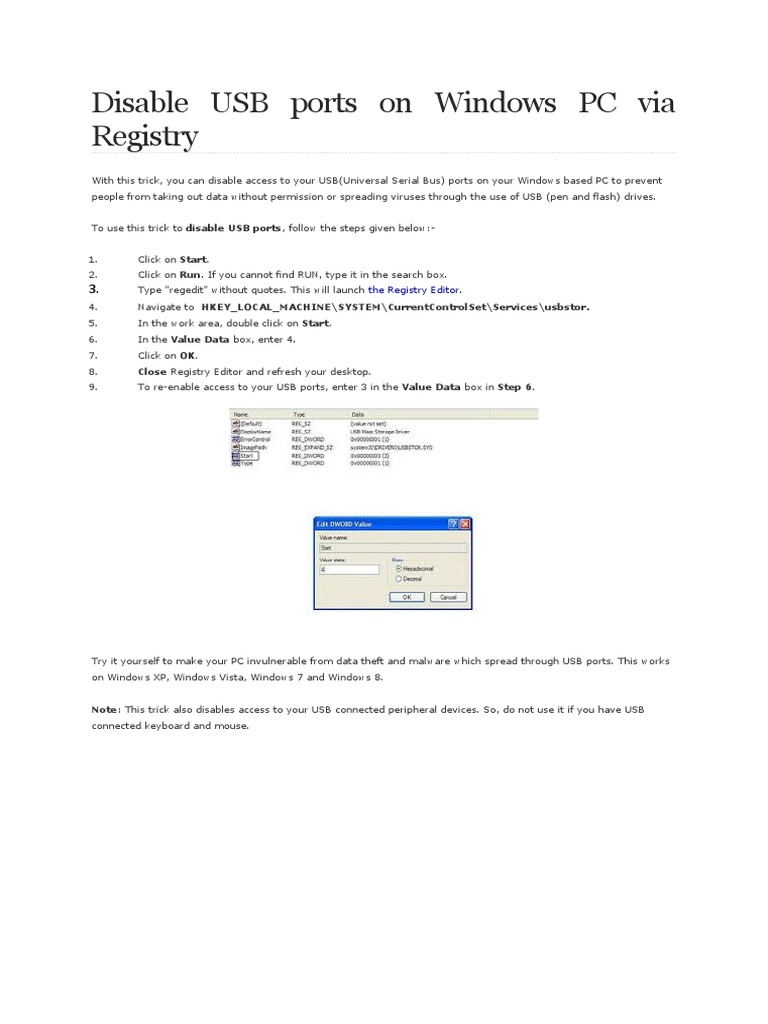 Disable USB Ports On Windows PC Via Registry | PDF