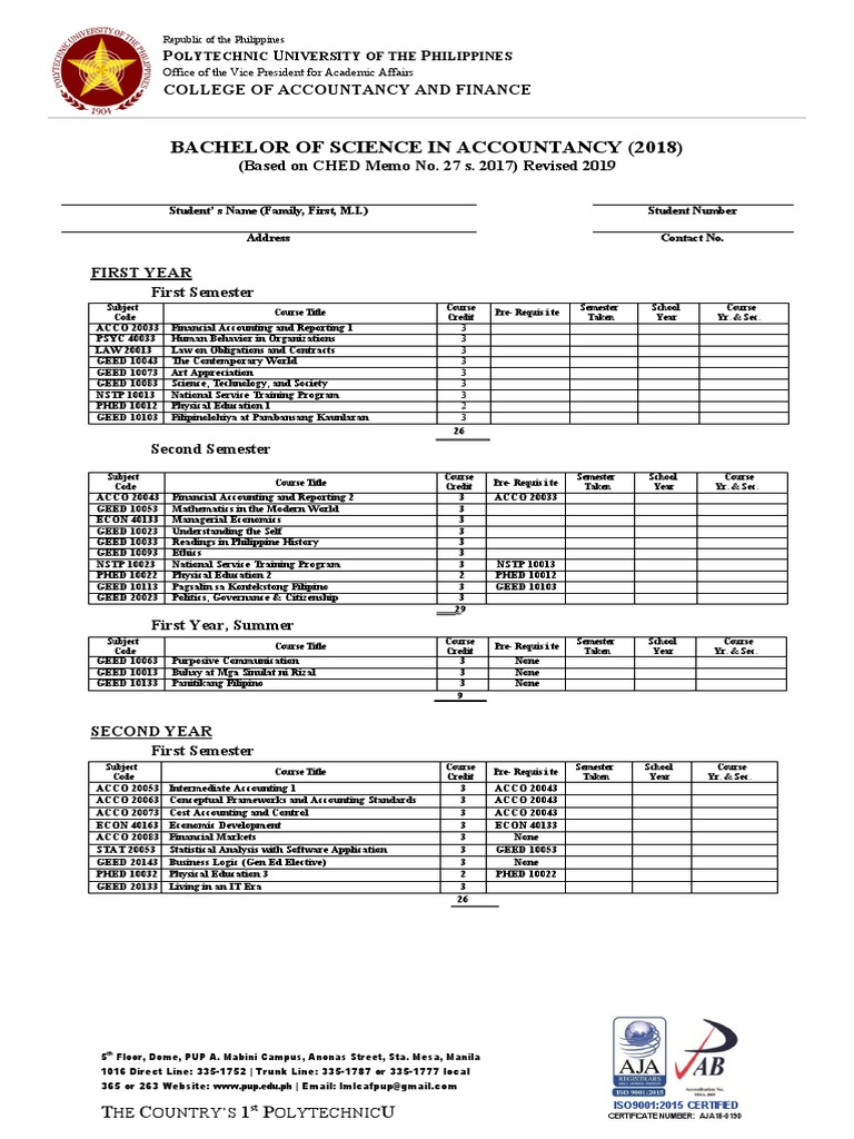 Bachelor of Science in Accountancy (2018) : P U P College of ...