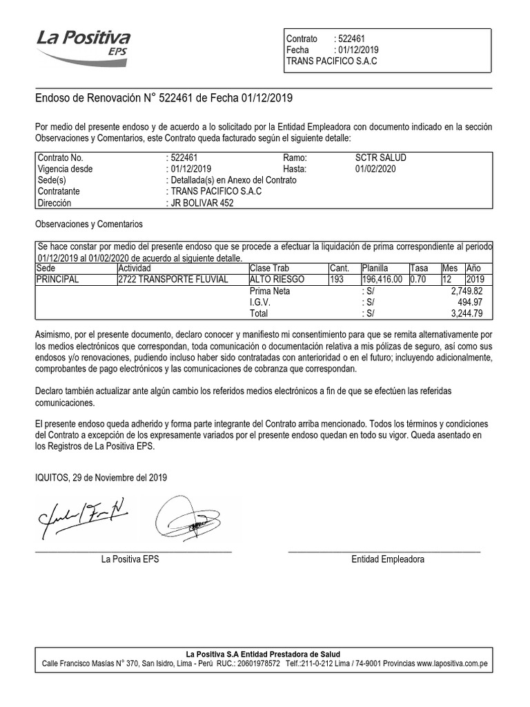Endoso Contrato SCTR Salud 522461 | PDF | Bancos | Tarjeta de crédito