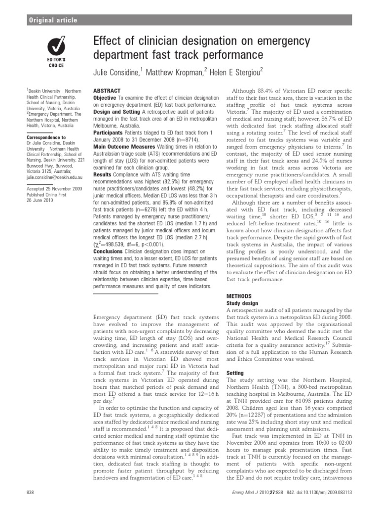 Effect of Clinician Designation On Emergency Department Fast Track ...