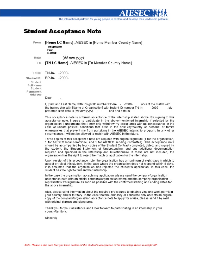 Exchange Ant (EP) Acceptance Note | PDF | Travel Visa | Internship