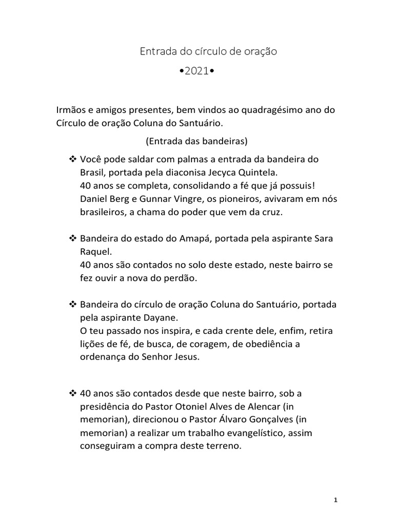 Entrada Círculo De Oração Pdf