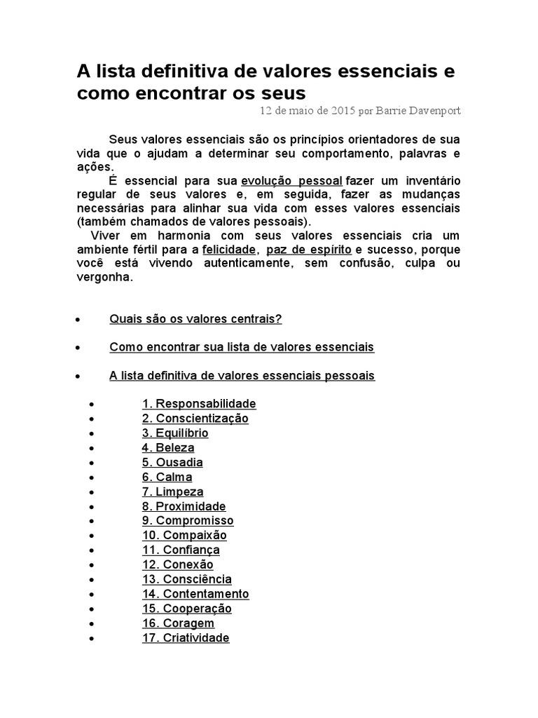 A Lista Definitiva de Valores Essenciais e Como Encontrar Os Seus | PDF ...