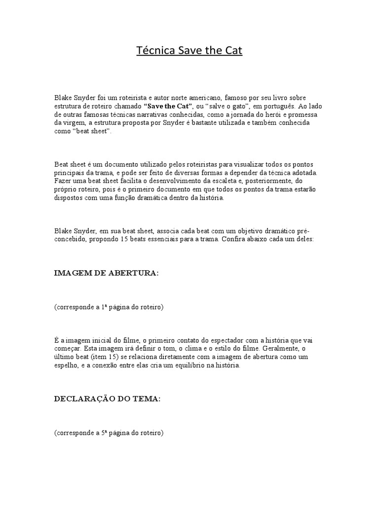 Técnica Save The Cat | PDF | Roteiro | Amor
