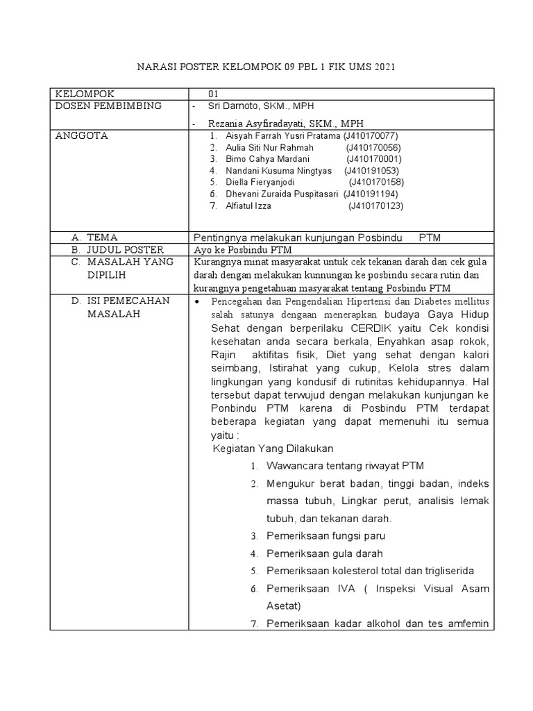 Narasi Poster Posbindu Kel. 01 | PDF