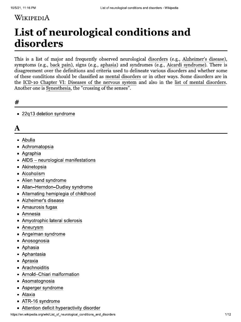 List of Neurological Conditions and Disorders | PDF