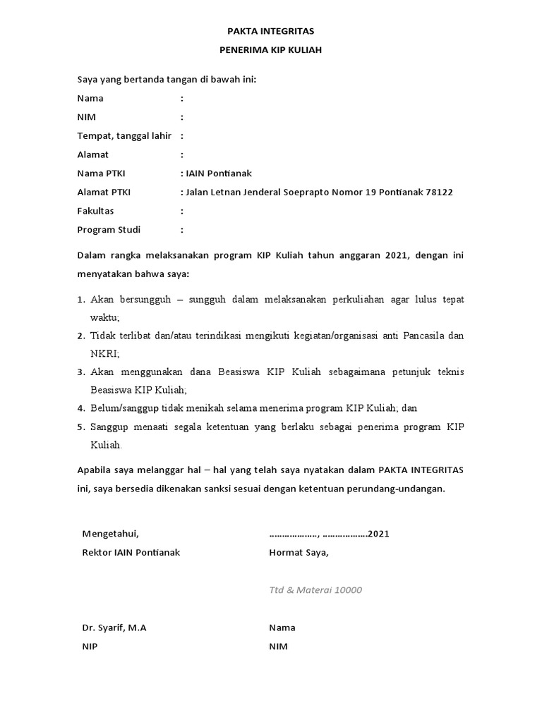 Format Fakta Integritas KIP K 2021 | PDF