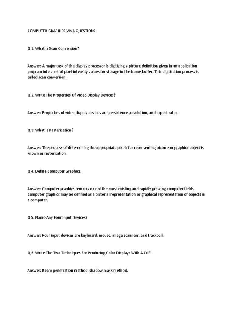 Computer Graphics Viva Questions | PDF | Video | Pixel