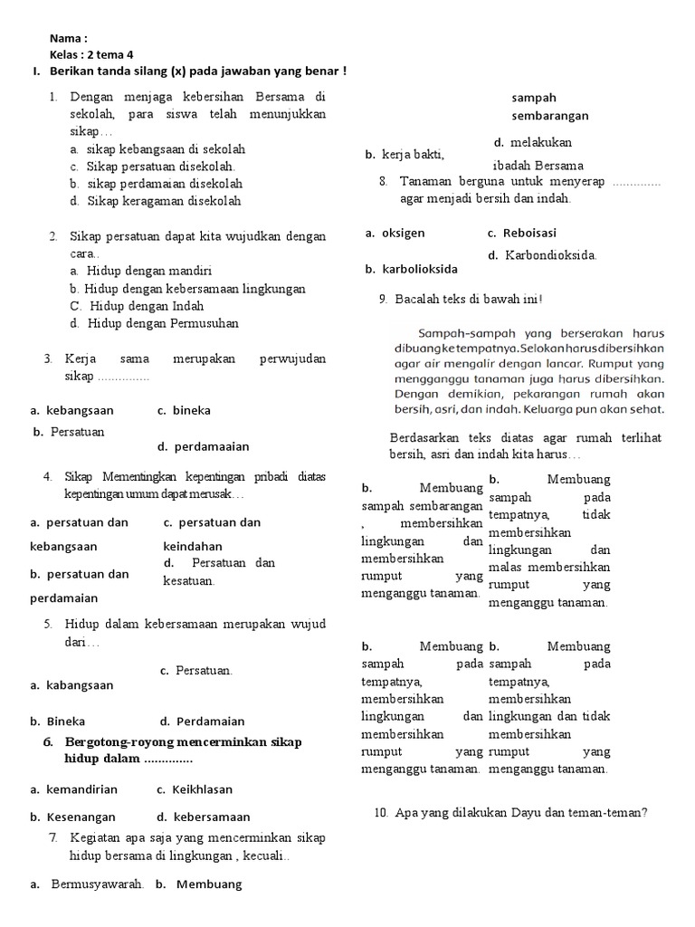 Soal PAS TEMA 4 KELAS 2 (Infodikdasmen - Com) - 1 | PDF