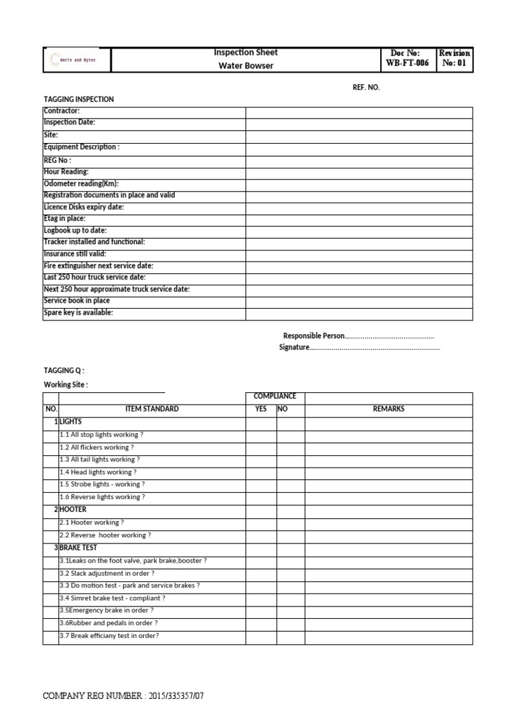 WB-FT-006 Water Bowser Inspection Sheet | PDF | Tire | Brake