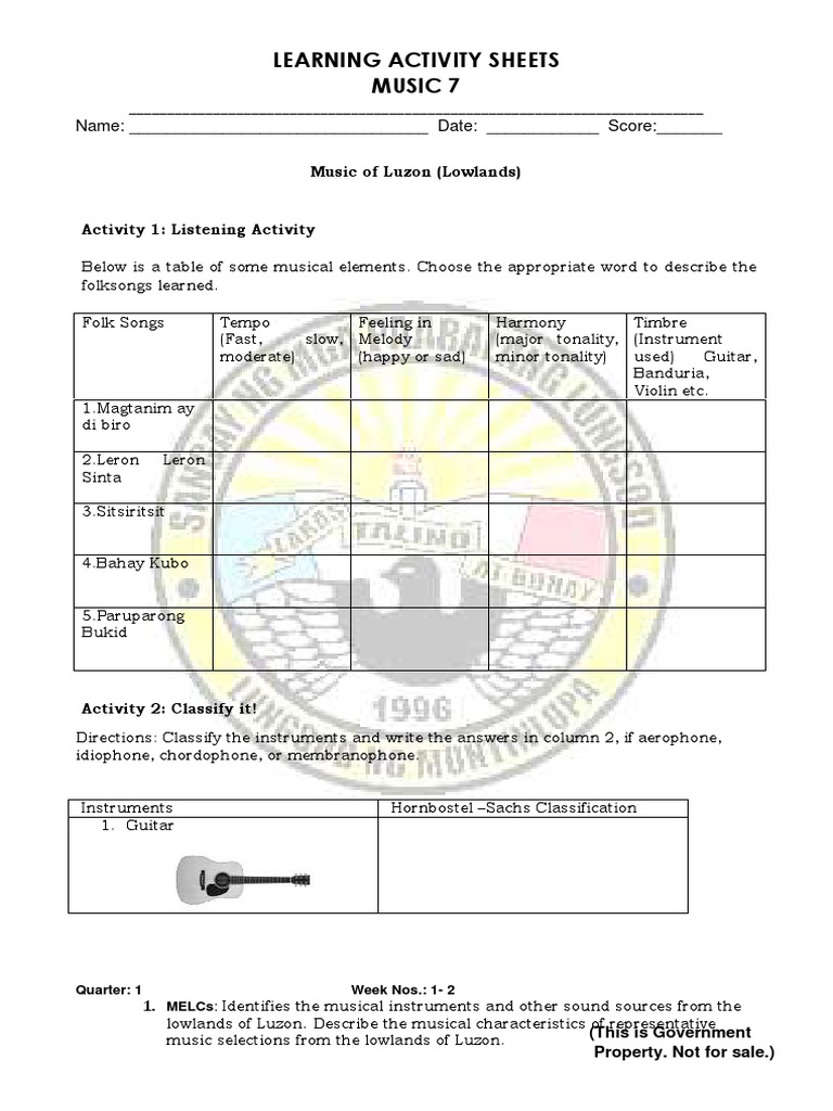 Learning Activity Sheets Music 7: Name: - Date: - Score | PDF | String ...