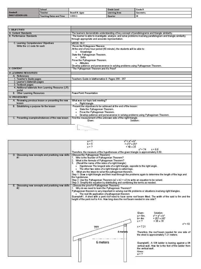Daily Lesson Plan For Pythagorean Theorem. | PDF | Geometry | Elementary Geometry
