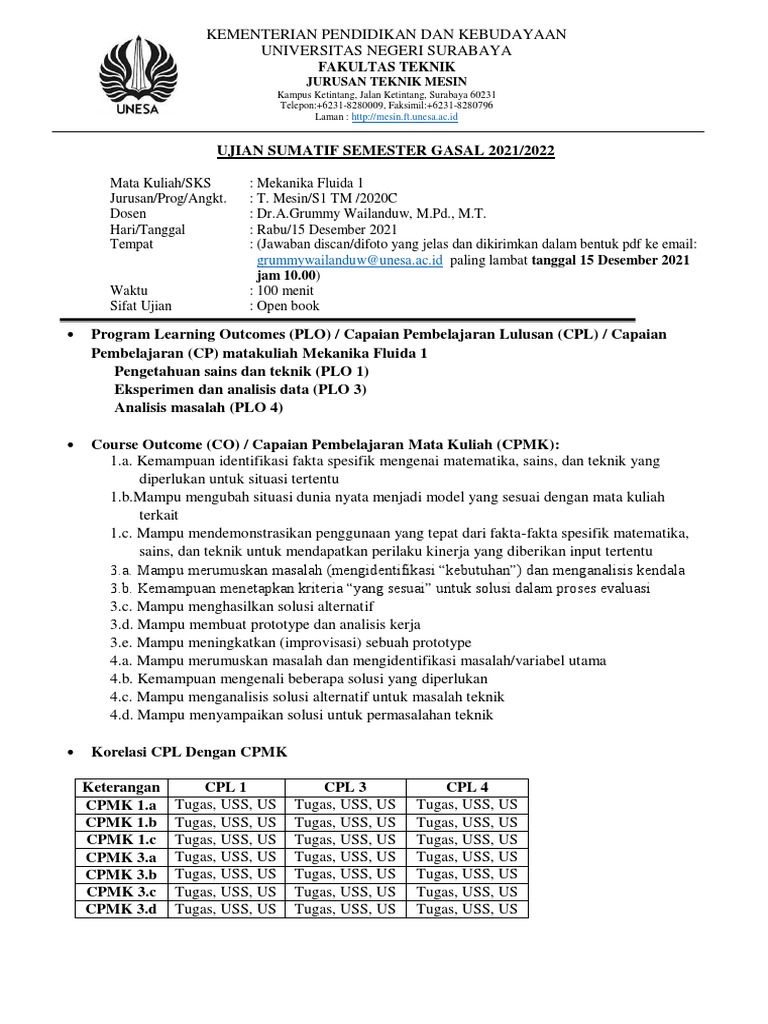 Validasi UAS-2021 - Mek-Flu - 1-S1-TM | PDF
