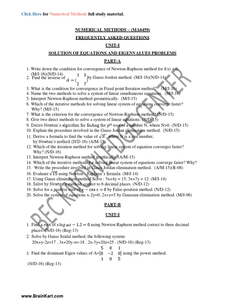 090 Ma8491 Ma6459 Numerical Methods Question Bank 1 Pdf Interpolation Eigenvalues And