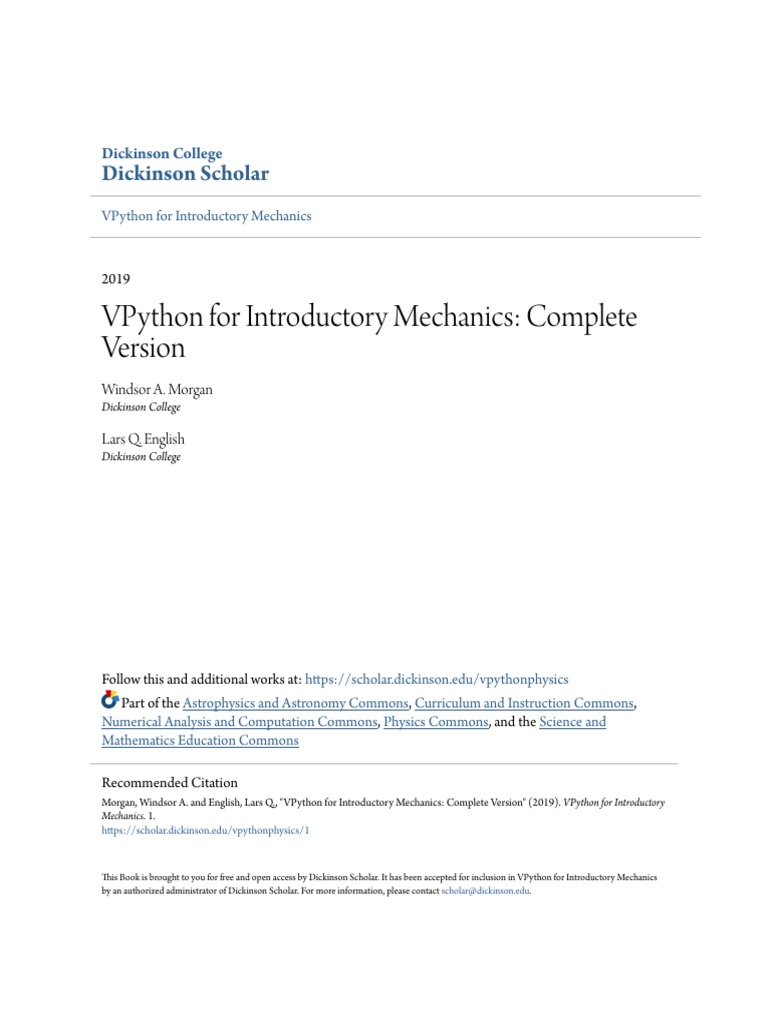 Vpython For Introductory Mechanics Complete Version Pdf