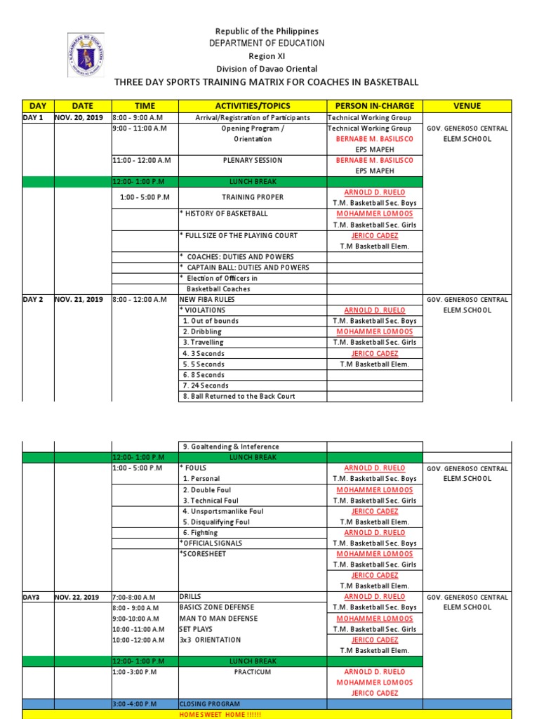 Three Day Sports Training Matrix For Coaches in Basketball: DAY Date ...